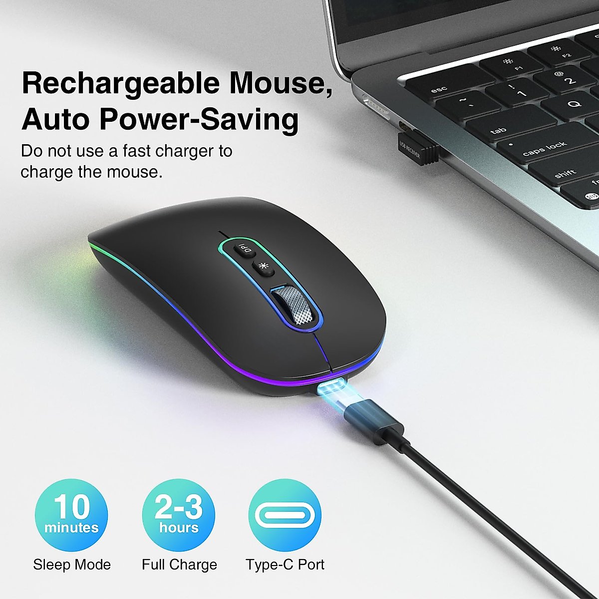 cimetech M01 Wireless Bluetooth Dual Mode Mouse, [1 Mouse for 2 Devices] [Ultra-Low Decibel Click], Rechargeable Ultra Slim LED Sleek Mouse, Plug and Play for iPad Mac Laptop Tablet PC Window - Black