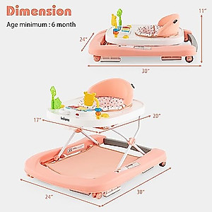 INFANS Foldable Baby Walker, 3 in 1 Toddler Walker Bouncer, Learning-Seated, Walk-Behind, Music, Adjustable Height, High Back Padded Seat, Detachable Trampoline Mat, Activity Walker with Toys (Pink)