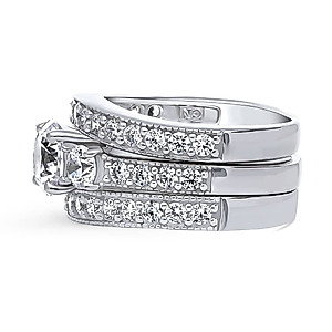 BERRICLE Sterling Silver 3-Stone Wedding Engagement Rings Round Cubic Zirconia CZ Ring Set for Women, Rhodium Plated Size 7