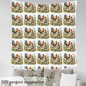 Erosebridal Rustic Farmouse Chicken Fabric by The Yard,Rainbow Rooster Decorative Fabric,Colourful Floral Upholstery Fabric,Farm Animals Outdoor Fabric,Oil Painting Style Fabric for Home,1 Yard