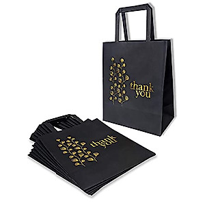 Thank You Bags Bulk with Flat Handles Pack of 50, Black Kraft Paper Bags with Gold Foil Stamp Image Medium Size 10x 4.75 x 8 Inches
