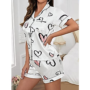 GORGLITTER Women's Silk Satin Pajamas Set Heart Print Loungewear Button Down Pj Shorts Sets White Medium