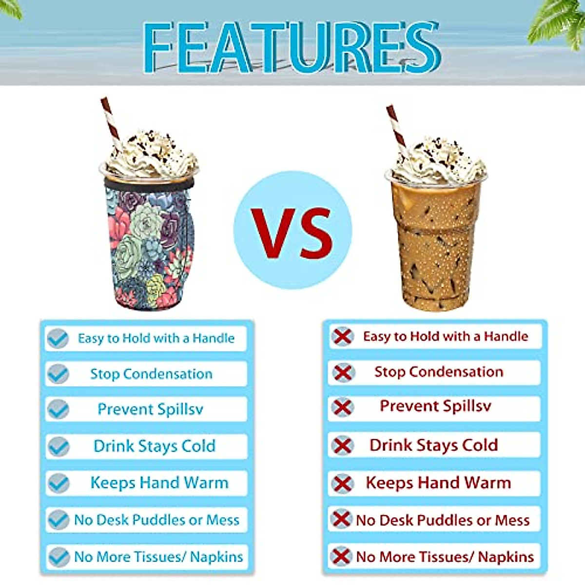 Tropical Succulent Iced Coffee Cup Sleeve with Handle for Cold Drinks Beverages Vintage Succulent Reusable Neoprene Cup Holder Insulator Sleeve 30-32oz