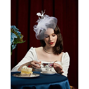 Cizoe Tea Party Fascinator Hats for Womens 50s Headwear with Veil Flower Cocktail Wedding Church Kentucky Derby Hat(02-white)