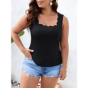 SOLY HUX Women's Plus Size Scalloped Trim Square Neck Sleeveless Summer Tank Tops Solid Black 2XL