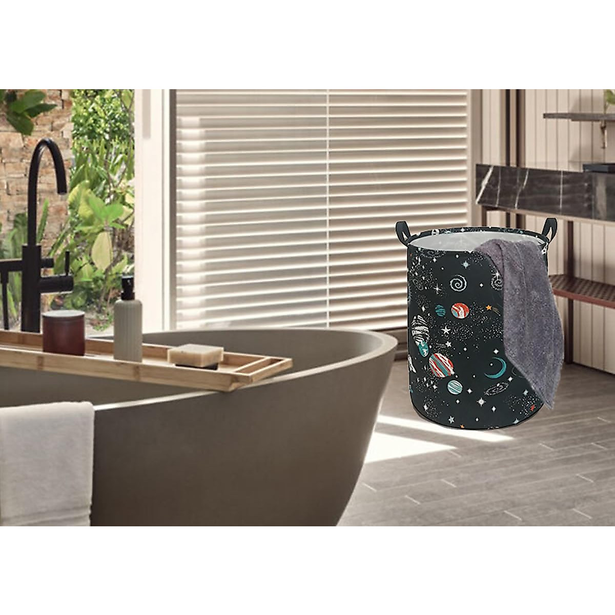 DUYIY Round Black Planet Laundry Hamper Storage Basket Organizer Hamper Storage Bins for Clothes Toys Box Nursery Hamper Gift Basket with Handles