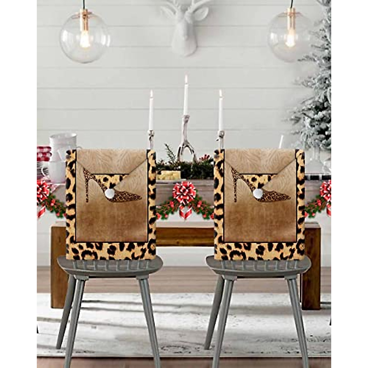 Dining Room Chair Covers Set of 8PCS,Leopard High Heels Animal Skin Print Chair Back Cover Chair Protector Slipcovers,Vintage Flower Leaves Removable Washable Chair Cover for Kitchen,Hotel,Party