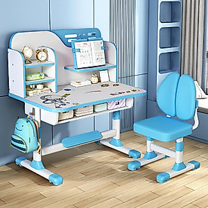 Kids desk and chair set,Premium Kids Study Desk Chair Set,Height Adjustable Children's Desk and Chair School Study Table Chair ,Ergonomic Desk Chair with Writing Board, Bookshelf and Drawer (Blue)