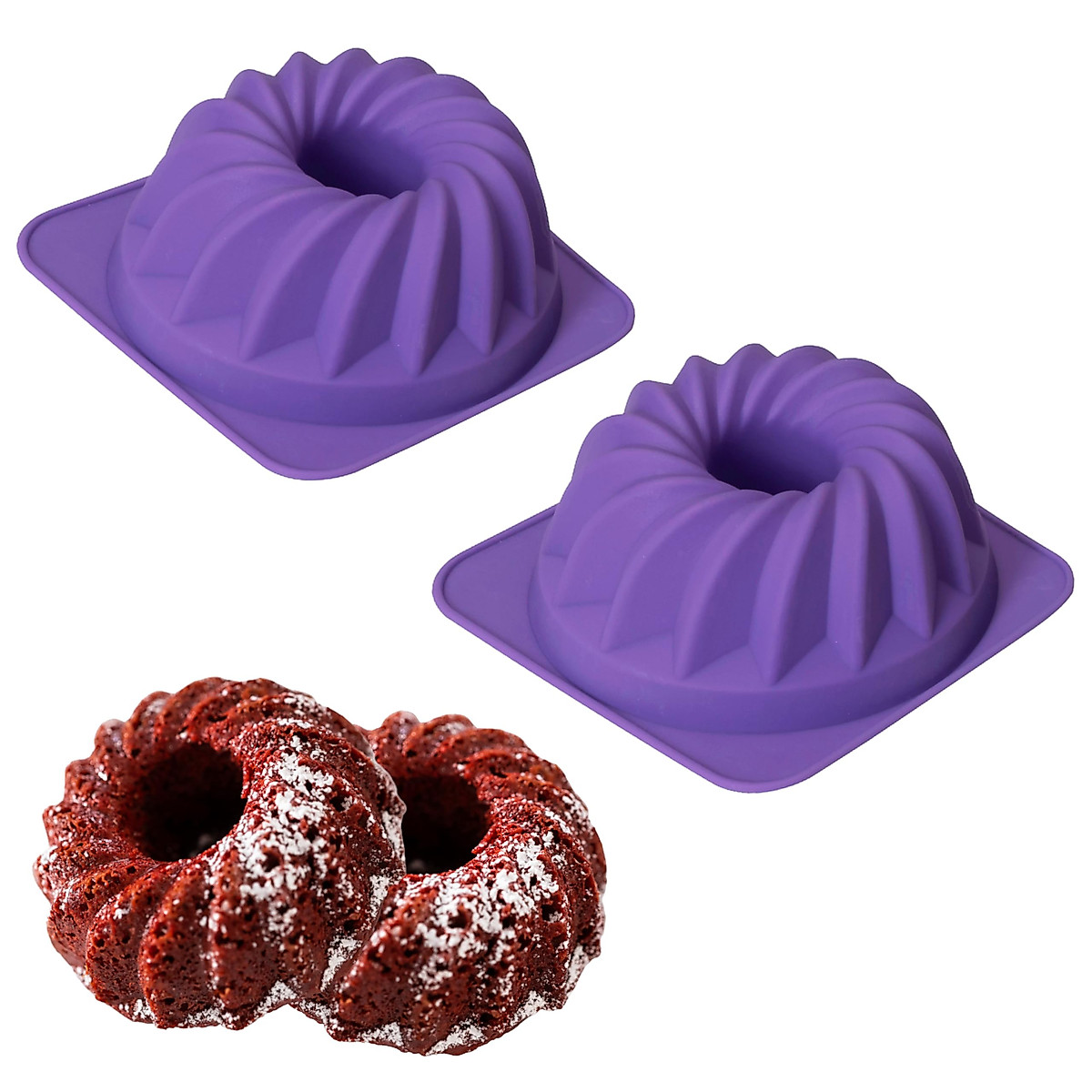 Bakerpan Silicone Small Fluted Cake Pan, 4 3/4 Inch Mini Tube Cake Baking Mold, Fancy Fluted Dessert Mold, Tube Cake Mold for Baking - Set of 2