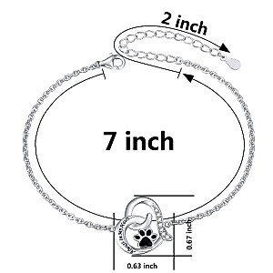 FLYOW 925 Sterling Silver Engraved Always In My Heart Cat Puppy Dog Paw Print Heart Bracelet Jewelry for Women Friends Pet Lover, 7 inch
