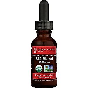 Global Healing Center Vegansafe B12, 2500 mcg Organic Sublingual Liquid Vitamin B12 Drops | 2-in-1 Methylcobalamin & Adenosylcobalamin Blend for Energy, Mood, and Heart Health, 30-Day Supply (1 Fl Oz)
