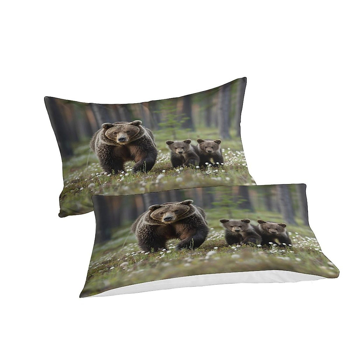 Brown Bear And Two Cubs Comforter Covers 3D Printed Walking in The Taiga Duvet Cover Quilt Cover for Boys Girls with Zipper Closure Soft Microfiber Bedding Set with Pillow Cases 3 Pieces Twin（173x218c