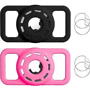 MARVAL Airtag Dog Collar Holder + 4 pcs Protective Film Compatible with Apple Air Tag Cat Pet Case, Protective Waterproof Silicone Small for Puppy (B Black+GlowPink 2 Pack)