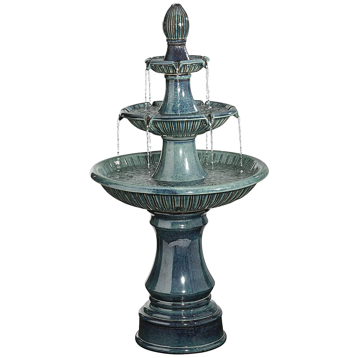 Modern Outdoor Cascading Floor Water Fountain with LED Light 3-Tier Teal Blue Ceramic 46" for Yard Garden Patio Backyard Deck Home Lawn Porch House Exterior Balcony - John Timberland