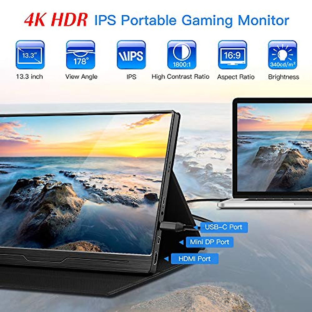 Eyoyo Portable Computer Monitor 4K Gaming Monitor 13.3 inch 3840x2160 UHD IPS Display USB-C Monitor Compatible with Mac Laptop PS4 Xbox One Smartphone