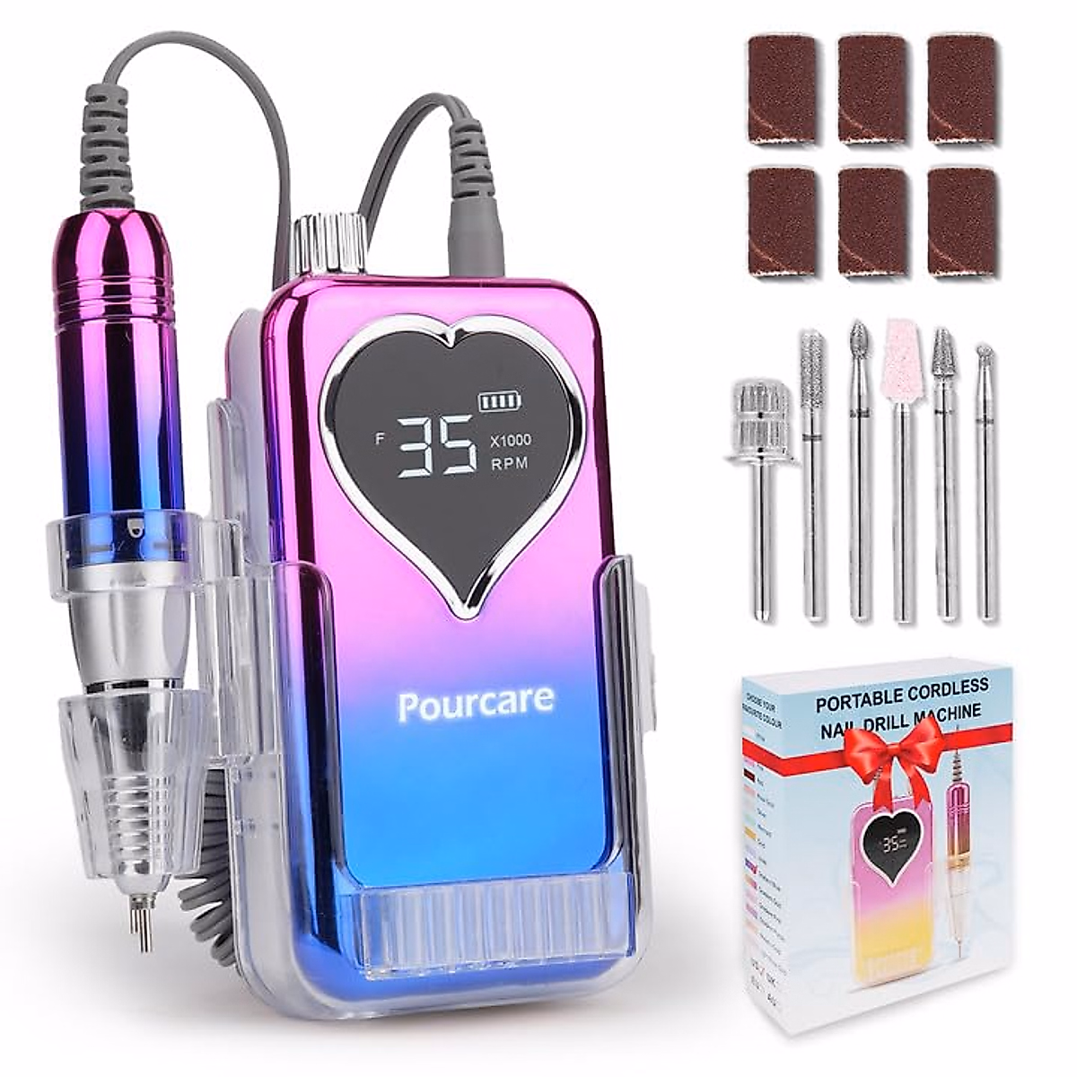 Electric Professional Nail Drill 35000 RPM,Electric Nail File Efile Machine Set,Rechargeable Acrylic Nail Tool Kit,Manicure Pedicure Gel Grinder Polish for Home Salon Teach(Sunset Blue)