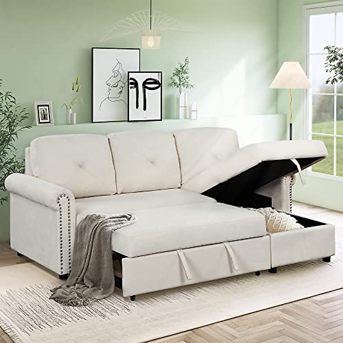 Eafurn 3 Seater Reversible Sleeper Sectional Sofa Pull Out Couch Bed with Chaise Lounge and Storage,Comfy Velvet Upholstery Convertible L Shaped Corner Sofa&Couches for Living Room Furniture Sets