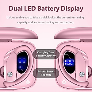 bmanl Wireless Earbuds Bluetooth Headphones 48hrs Play Back Sport Earphones with LED Display Over-Ear Buds with Earhooks Built-in Mic Headset for Workout Pink