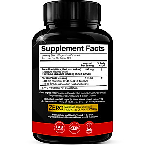 Maca Root Capsules 10,000mg + Korean Panax Ginseng 1,400mg - 20x Concentrated Extract Black + Red + Yellow Maca Root, 10x Concentrated Extract Panax Ginseng Capsules - Ultra Potent & Highly Purified