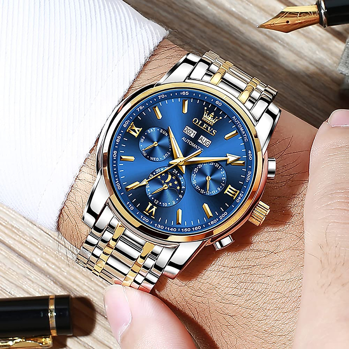 OLEVS Automatic Men Watch Self Winding Mechanical Luxury Dress Moon Phase Stainless Steel Blue Face Waterproof Luminous Calendar Wrist Watch