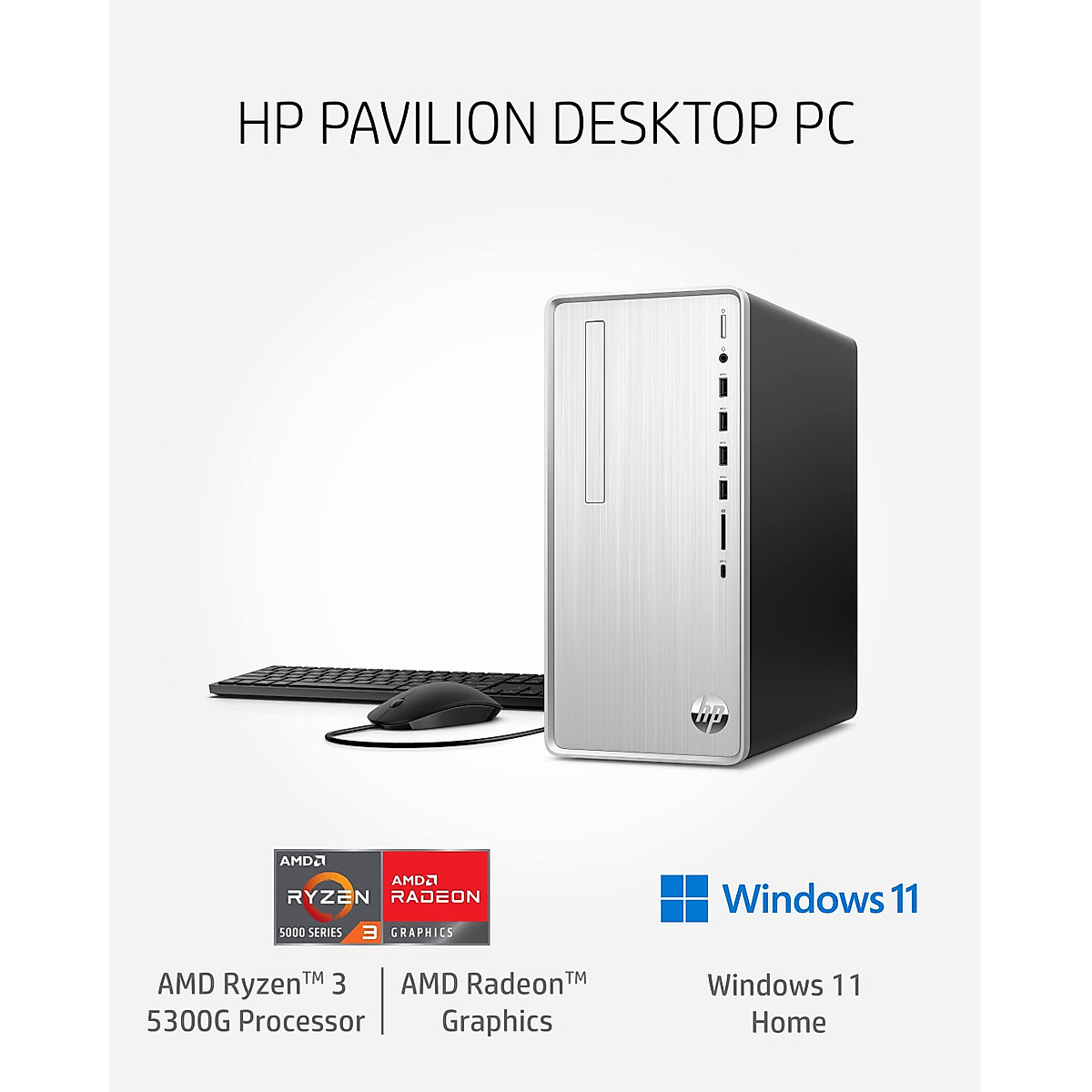 HP Pavilion Desktop PC, AMD Ryzen 3 5300G, 4 GB RAM, 256 GB SSD, Windows 11 Home, Wi-Fi 5 & Bluetooth, 9 USB Ports, Wired Mouse and Keyboard Combo, Pre-Built Tower (TP01-2032, 2021) (Renewed)