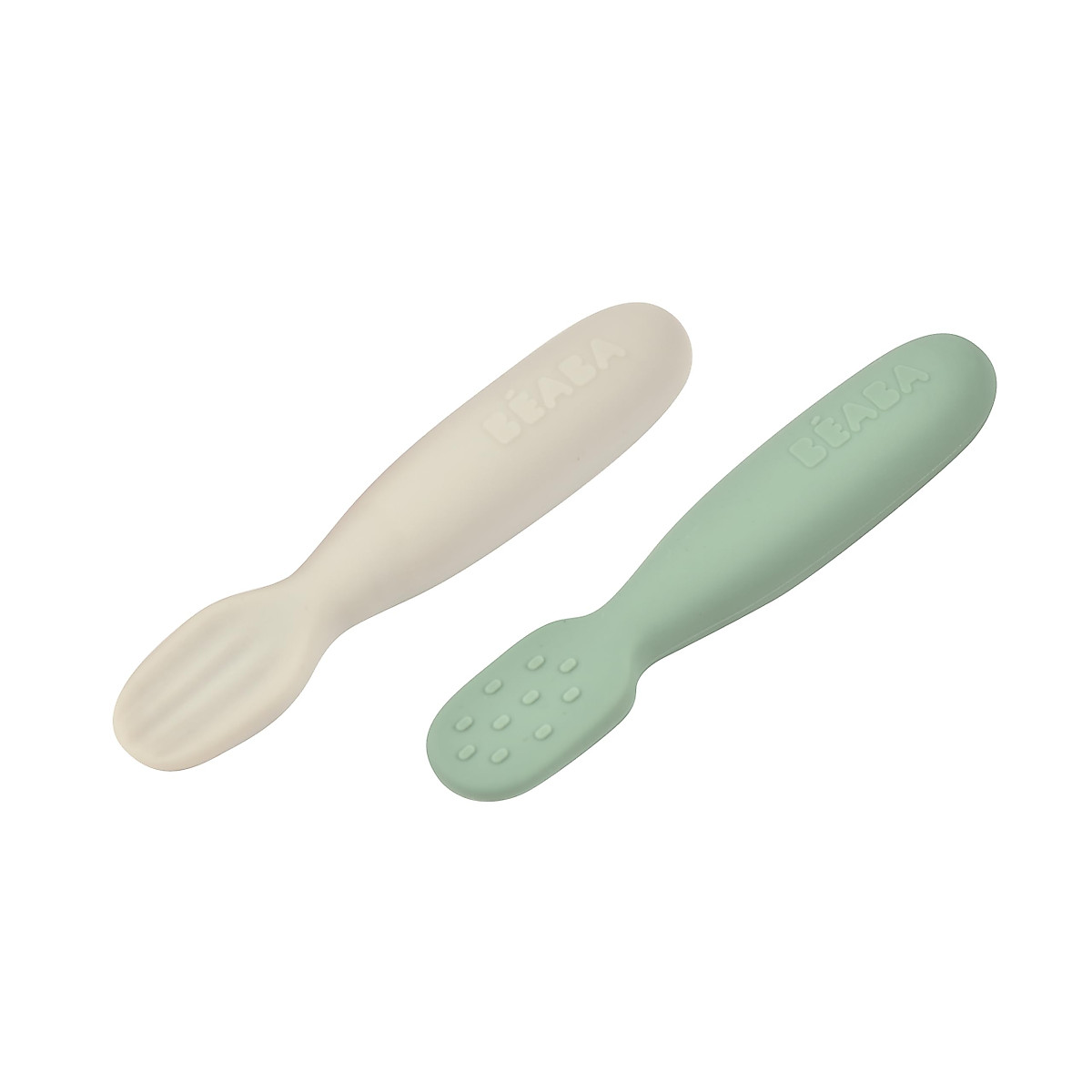 BEABA Set of 2 Silicone Pre-Spoons, For Babies 4-8 Months, Ultra-Soft Silicone Spoons to Help with Self Feeding, Designed with Specialist, Baby Utensils, Sage/Grey