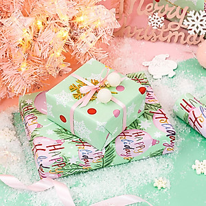 WRAPAHOLIC Reversible Christmas Wrapping Paper - Mini Roll - 17 Inch X 33 Feet - Happy Holiday Lettering with Christmas Ball Design for Chrsitmas, Holiday, Party Celebration