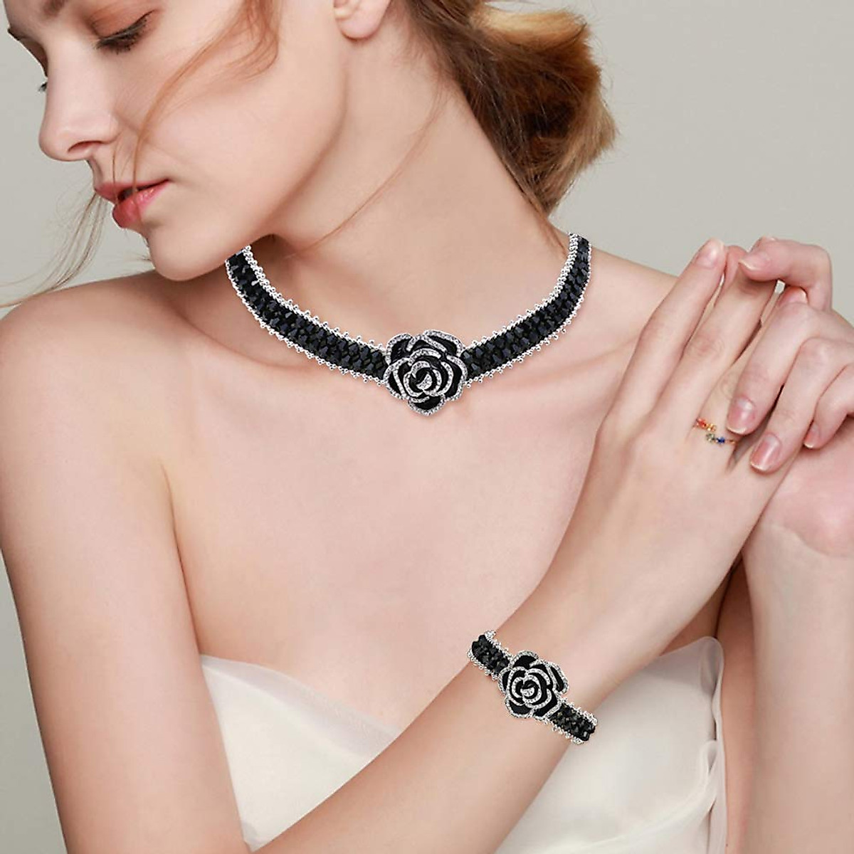 Lavencious Black Beaded Choker Necklace and Bracelet Set with Black Enamel Crystal Rose Pendant Lobster Clasp (Black)