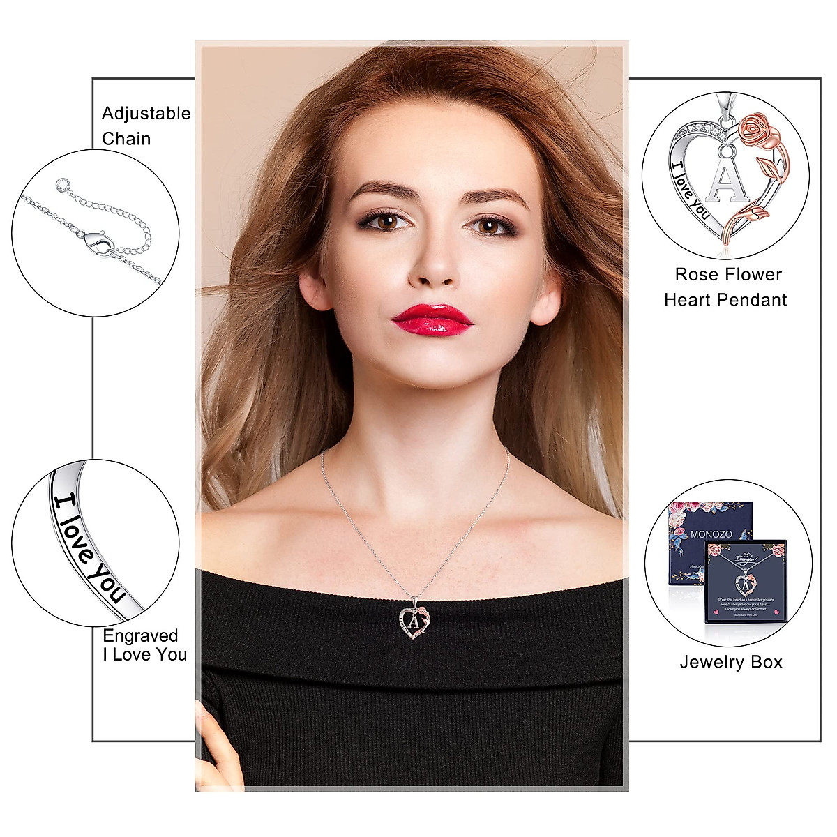 MONOZO Rose Heart Necklaces for Women Jewelry Gifts, Dainty Rose Love Letter Pendant Initial A Necklaces for Women Jewelry Mothers Day Anniversary Valentines Christmas Birthday Gifts for Women Trendy