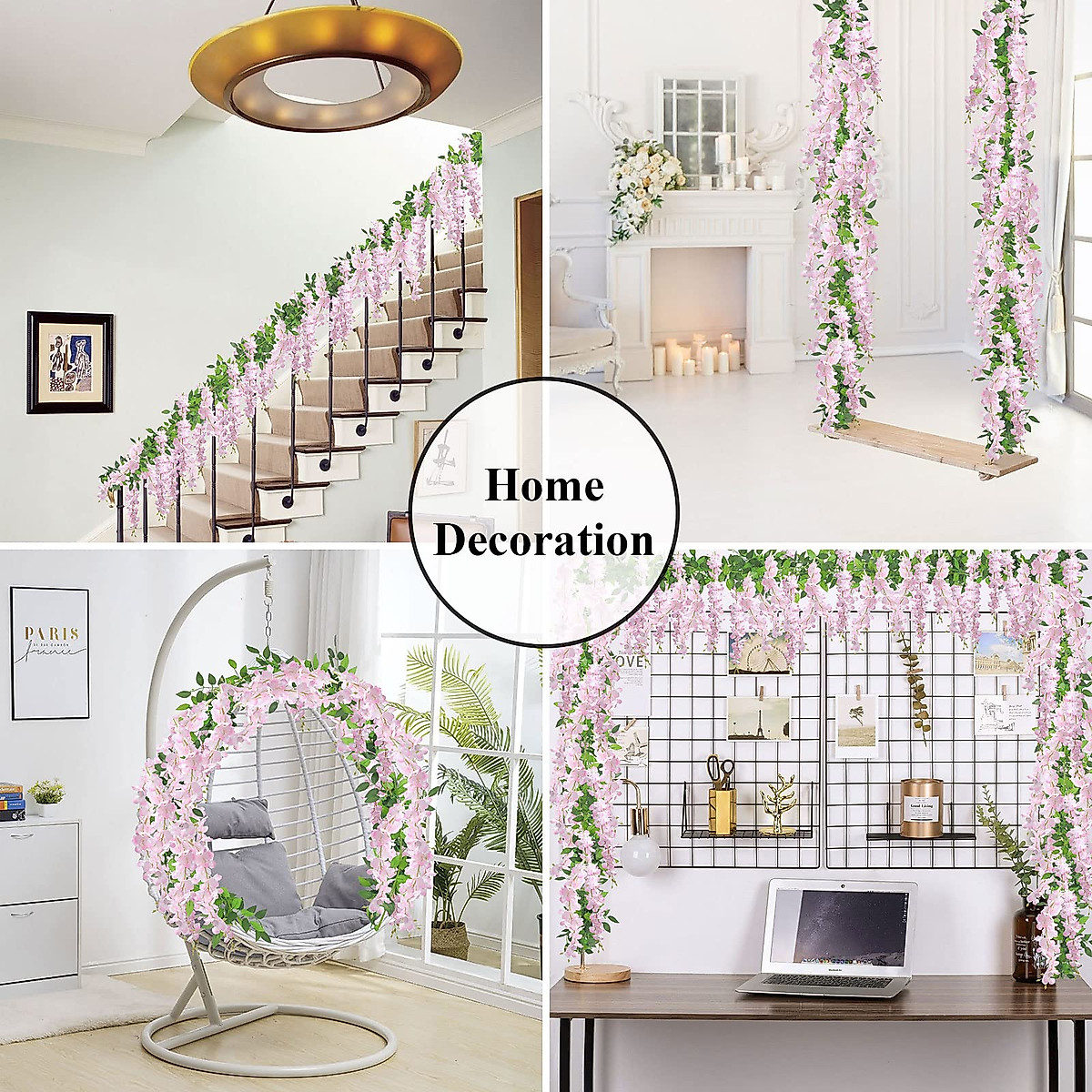 U'Artlines 5Pcs 7.2 Ft/Piece Artificial Wisteria Garland Silk Fake Pink Wisteria Flowers Hanging Greenery Vines Garlands Rattan for Home Garden Wedding Arch Party Indoor Outdoor Decor