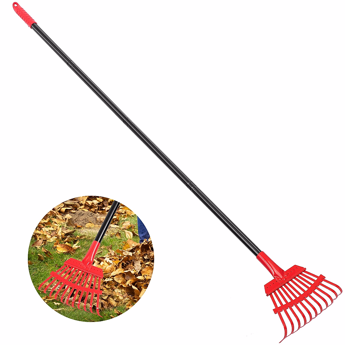 Garden Leaf Rake with 40.5" to 65" Adjustable Long Steel Handle, 20 Metal Tines 9" Wide Garden Rake for Lawns Shrub Debris