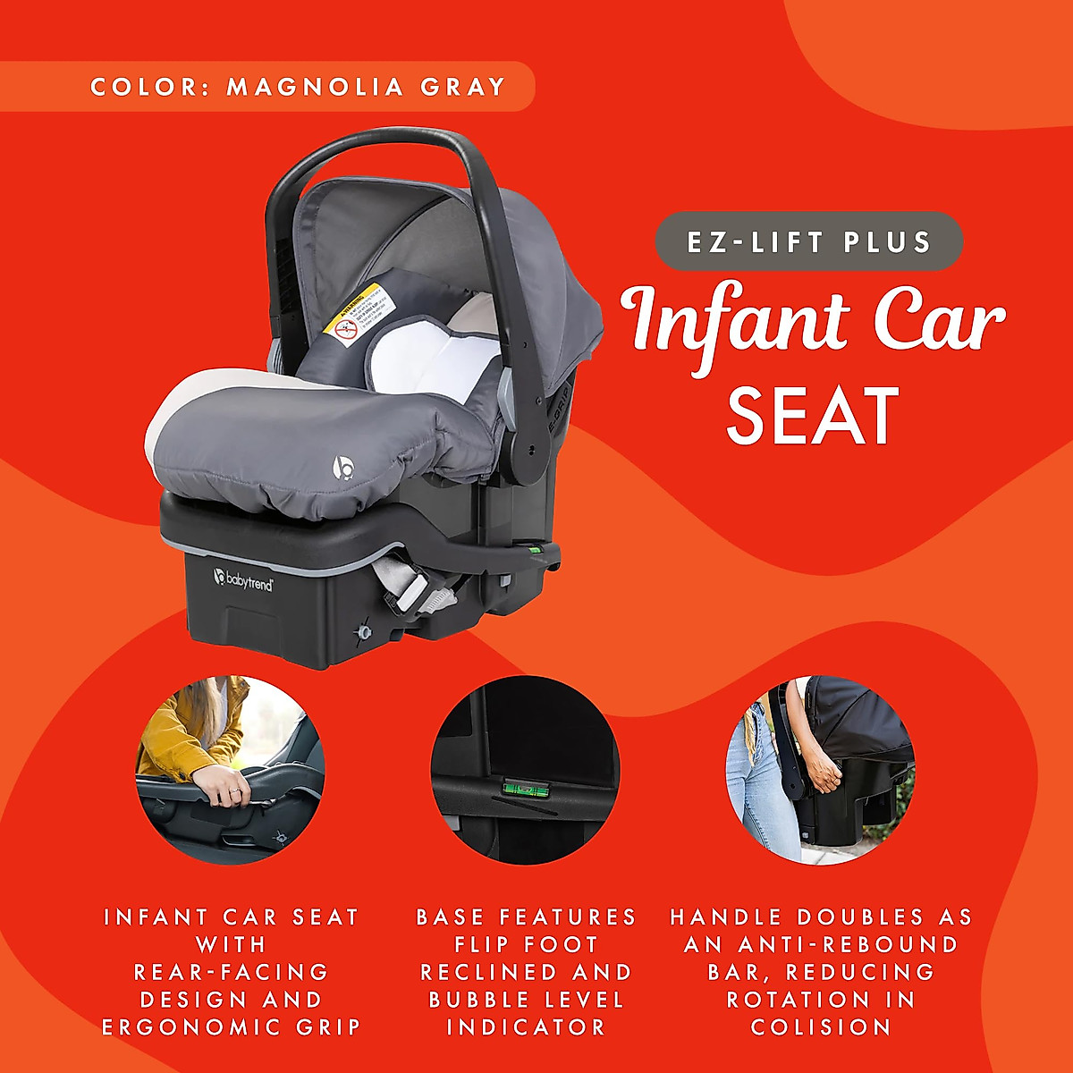 Baby Trend EZ Lift 35 Plus Ergonomic Lightweight Rear Facing Infant Car Seat with Multi-Position Base and Cozy Cover, Magnolia Gray