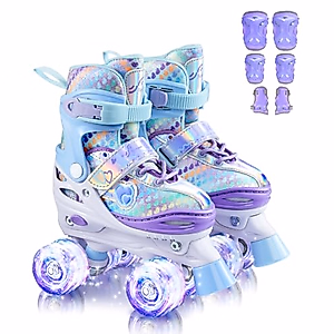 Sportneer Kids Roller Skates, 4 Adjustable Light up Roller Skates for Girls Boys Kids Toddlers Beginners, Kids Skates with Protective Gear Set Gift for Indoor & Outdoor Use