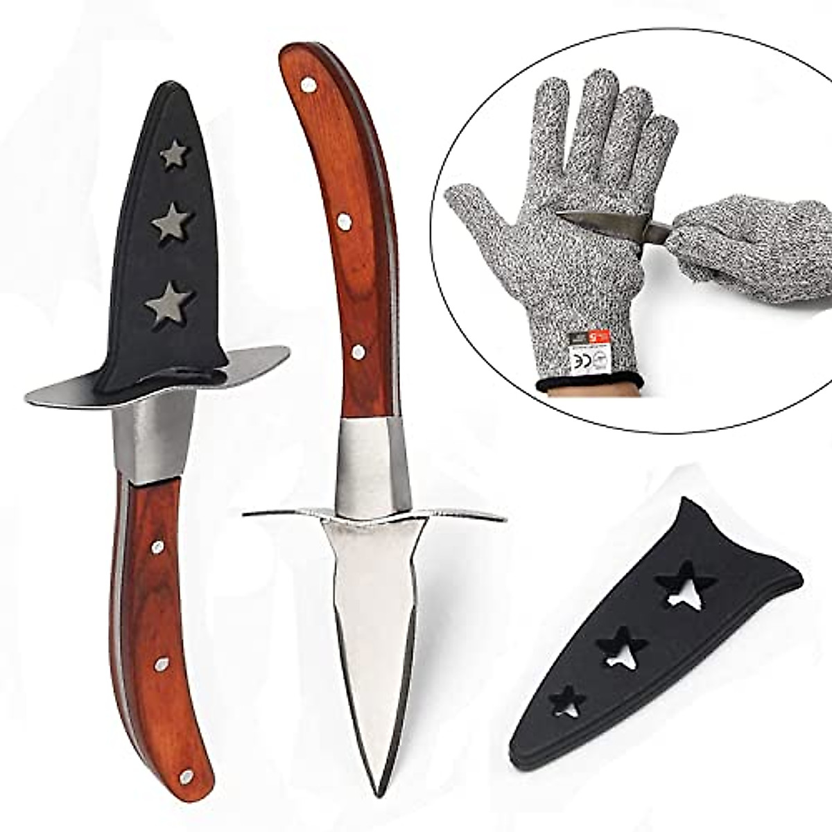 Set of 2 Oyster Shucking Knives, Shucker Kit Seafood Opener with Knife Cut Resistant Glove 5-level Protection Food Grade