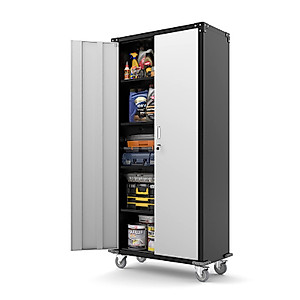 Bonnlo 72" Tall Sliver&Black Garage Storage Cabinets with Locking Doors and 4 Adjustable Shelves, Metal Storage Cabinets with Wheels for Garage, Office, Kitchen, Laundry&Utility Room, 32W x 16D x 72H