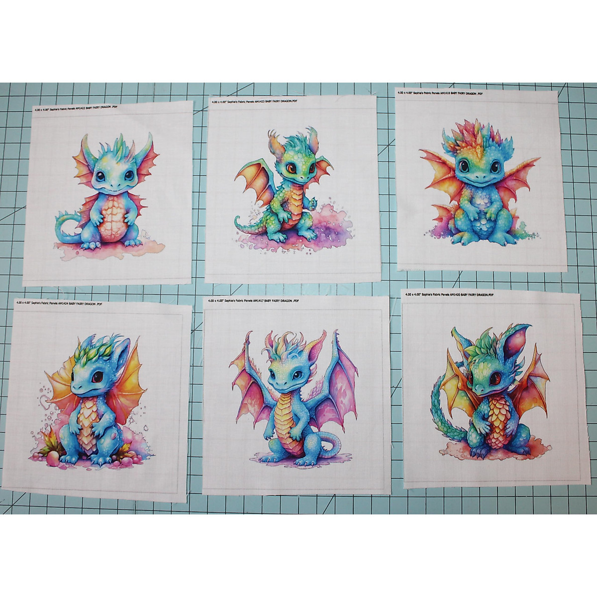 6 Piece 4"x4" Baby Dragons 100% Cotton Panel Squares - Quilting Sewing Panel Blocks AP2