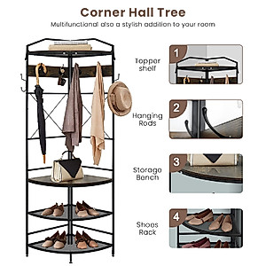 Recaceik Corner Hall Tree Coat Rack with 6 Double Hooks, Wood Home Organizer Shoe Bench Shelf for Entryway, Hallway, Closet, Rustic Brown