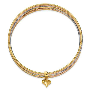 IceCarats 14K Dangling Heart Love Tri Color Gold Set of 7 Slip On Bangle Bracelet