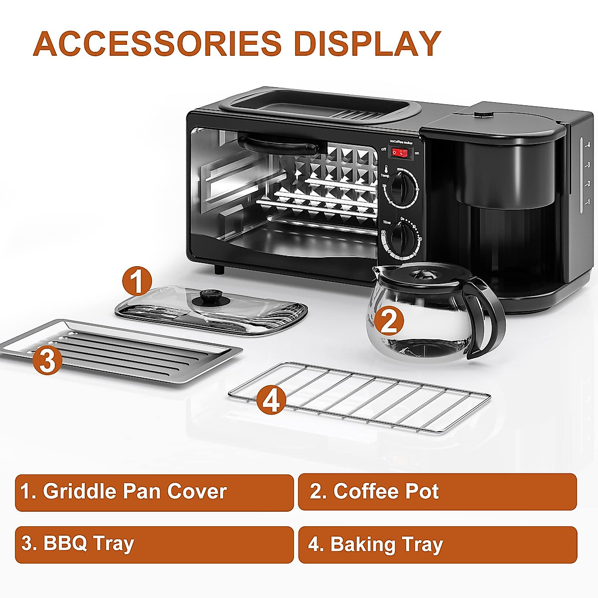 Breakfast Station, Toaster with Frying Pan, Portable Oven Breakfast Maker with Coffee Machine, Non Stick Die Cast Grill/Griddle for Bread Egg Sandwich Bacon Sausages (Bright Black)