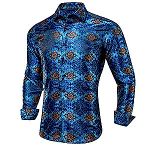 Dubulle Blue Floral Shirt for Men Silk Casual Button Down Shirt Long Sleeve Slim Fit Dress Shirt for Tuxedo Suit Set