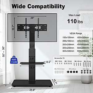 YOMT Floor TV Stand with Mount Wood Base Tall Corner TV Stand for Most 32-75 Inch TVs up to 110 lbs, Swivel TV Mount Stand with Adjustable Shelf for Bedroom and Living Room, Black