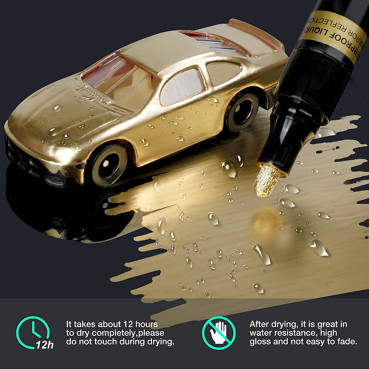 KERIFI Liquid Gold Chrome Markers, Supper Golden Metallic Paint Pens, Reflective Gloss Permanent Mirror Markers for Model Repairing, Resin Metal Glass Plastic, DIY Art Projects Crafts (5 Pack, 1-3mm)