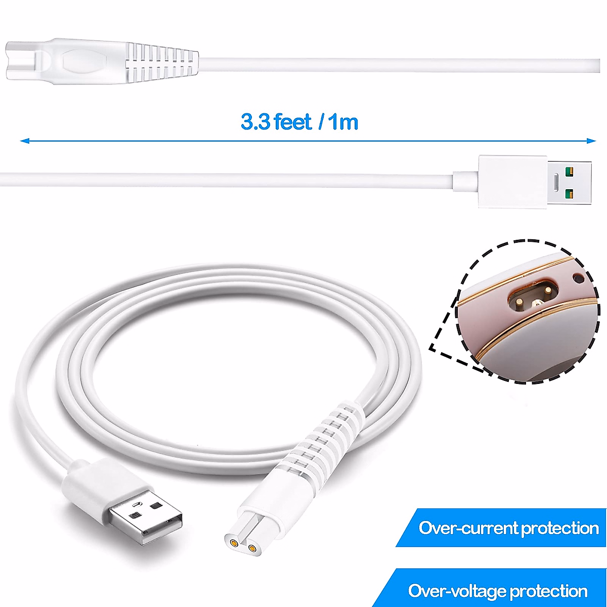 Charging Cable Replacement for Flawless Legs Shaver, 2 Pack Power Cord Electric Trimmer Charger Cable Charger Cord for Finishing Touch Flawless Legs Hair Remover Electric Shaver for Women, White