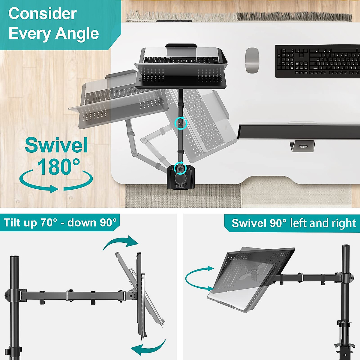 MOUNT PRO Single Laptop Mount with Tray for Laptop up to 17 inches, Holds Up to 17.6lbs, Fully Adjustable Notebook/Laptop Desk Mount Stand, Heavy Duty Laptop Arm Mount with Clamp and Grommet Base