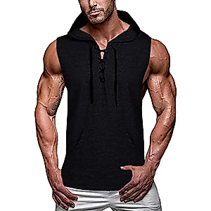 Maiyifu-GJ Men's Lace up Hooded Tank Top Sleeveless Gym Workout Hoodie T Shirt Bodybuilding Fitness Muscle Hoodies Vests (Black,X-Large)