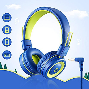 noot products Kids Headphones with Microphone K12 Stereo 5ft Long Cord with 85dB/94dB Volume Limit Wired On-Ear Headset for iPad/Amazon Kindle,Fire/Toddler/Boys/Girls/School/Travel/Plane(Blue/Lime)