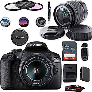 Canon EOS 2000D (Rebel T7) Digital SLR Camera with 18-55mm Lens Kit (Black) - Basic Accessories Bundle of Scandisk 16GB SD Card + SD Card Reader + 58mm 3pcs Filter Kit + Brush Pen (Renewed)