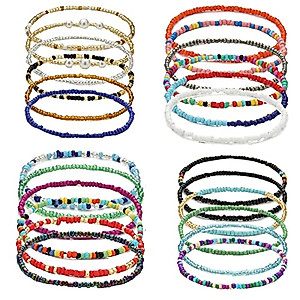 yfstyle 24PCS Boho Beaded Anklet for Women Elastic Anklets Colorful Beaded Ankle Bracelet Handmade Adjustable Elastic Anklets African Anklets Beach Bead Anklet Boho Style Bead Anklet for Girls-24