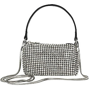 Silver Pouch Top Handle Handbag Diamond Purse for Women Small Cell Phone Bag with Silver Rhinestones Clutch Wallets MWL-019WT