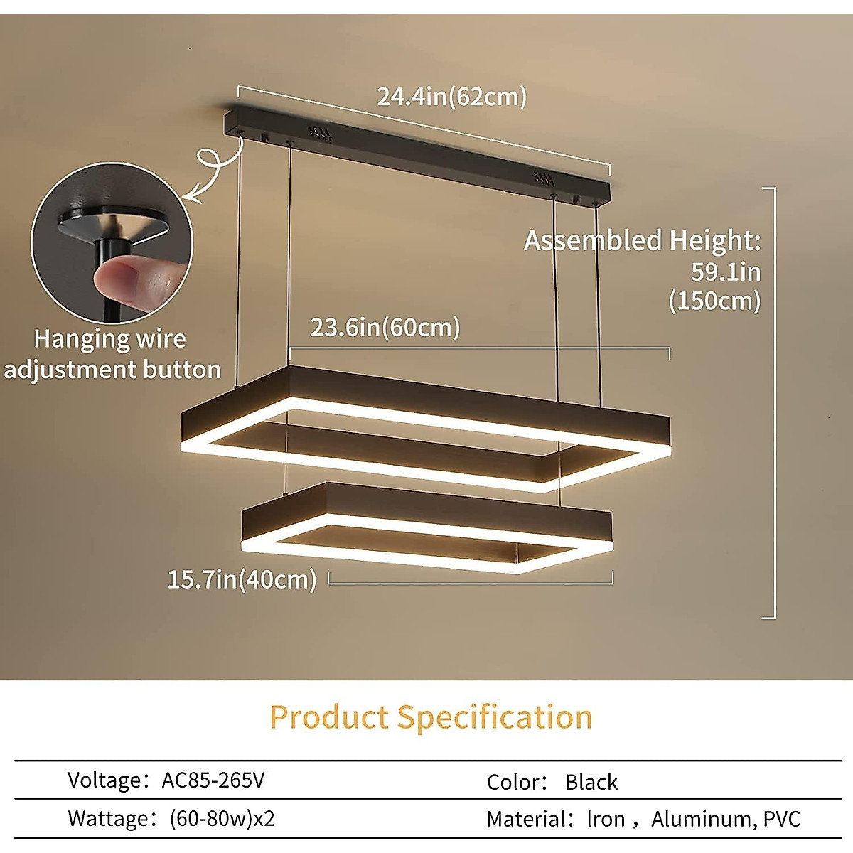 Modern Chandeliers for Living Room, 2-Ring Rectangles Pendant Light Kitchen Island Fixtures, Dimmable LED Chandelier for Dining Room Bedrooms, Black (40CM/60CM)